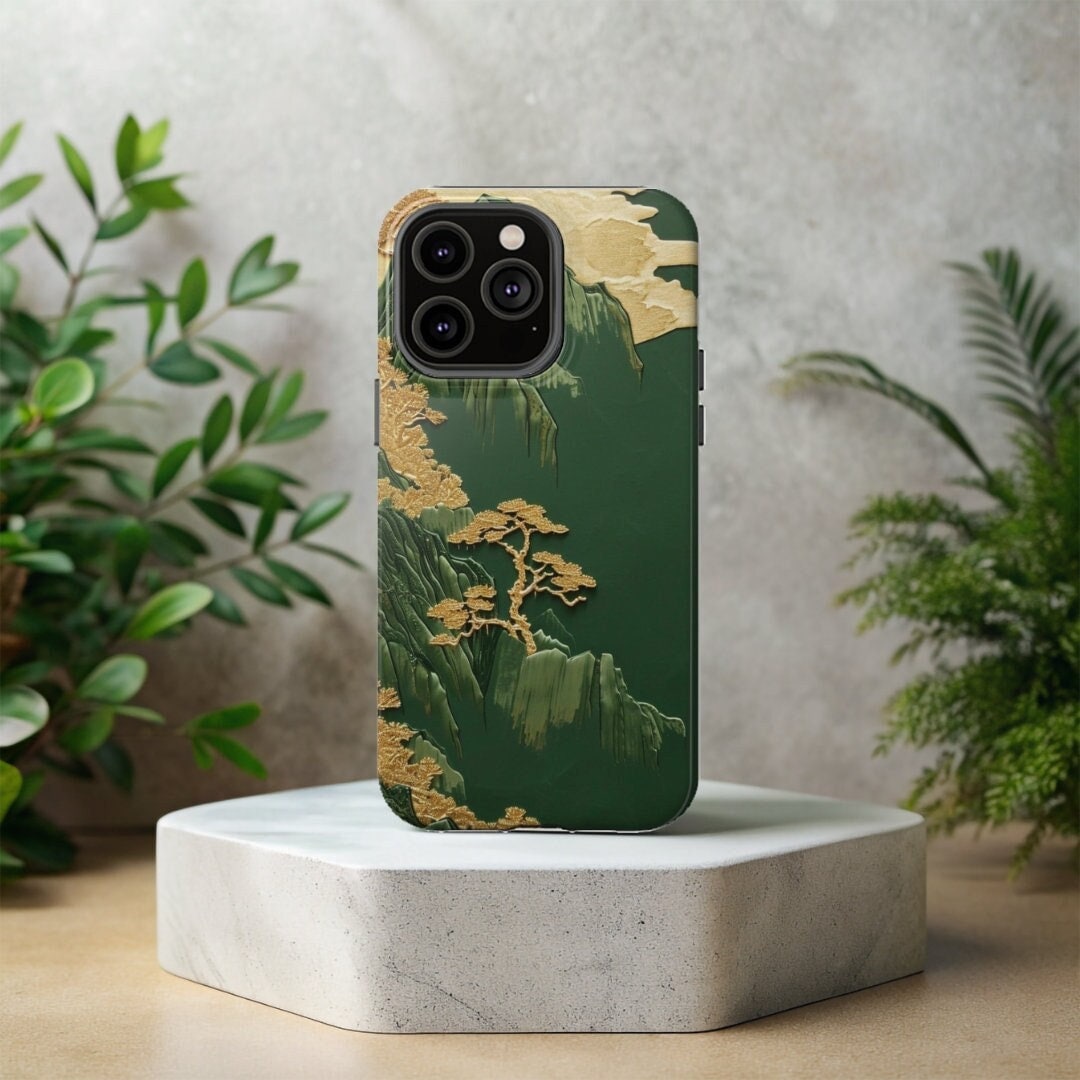 Magsafe Asian Chinese Embroidery Phone Case Green Landscape Tough Phone ...