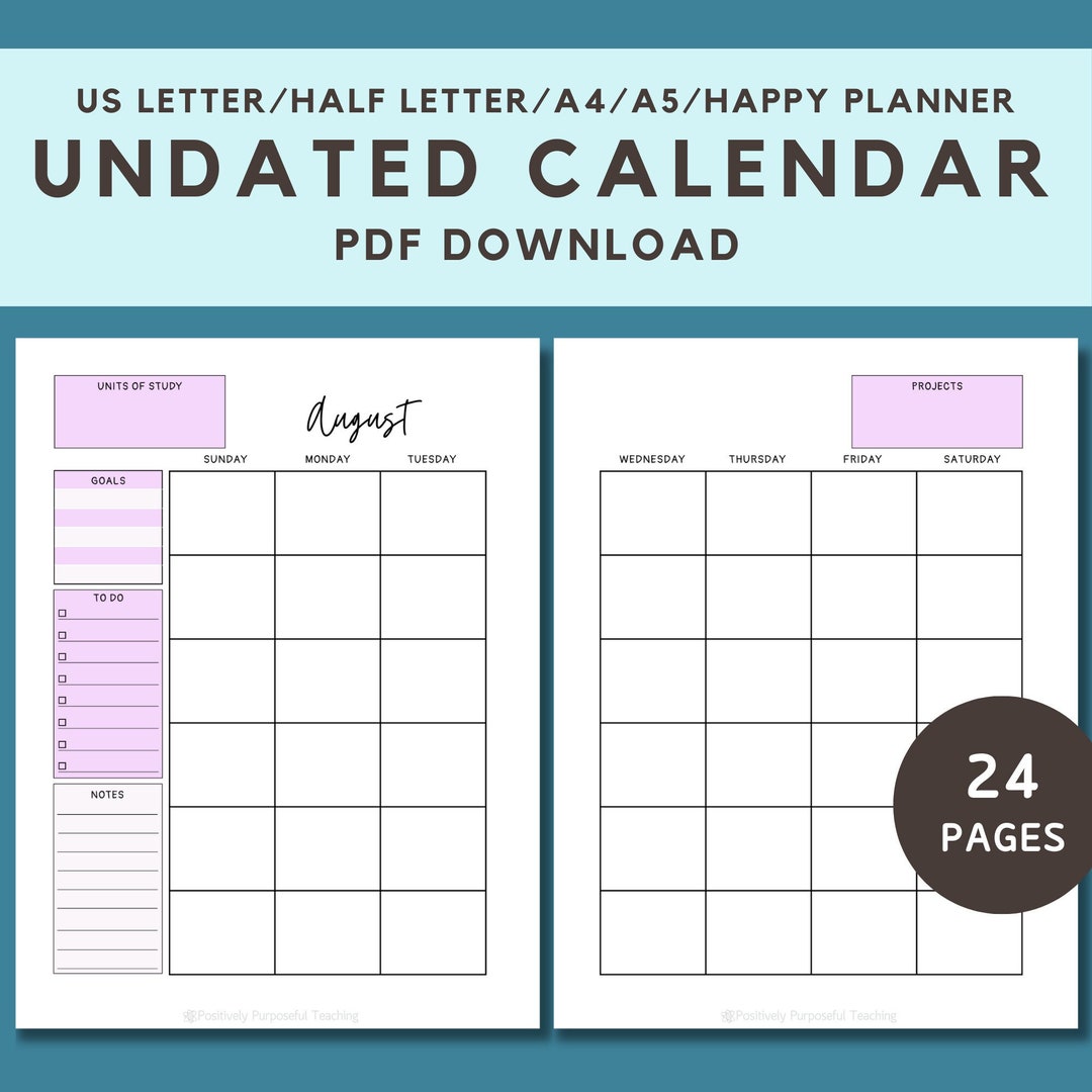 Undated Monthly Calendar, Teacher Undated Calendar, PDF Planner Inserts ...
