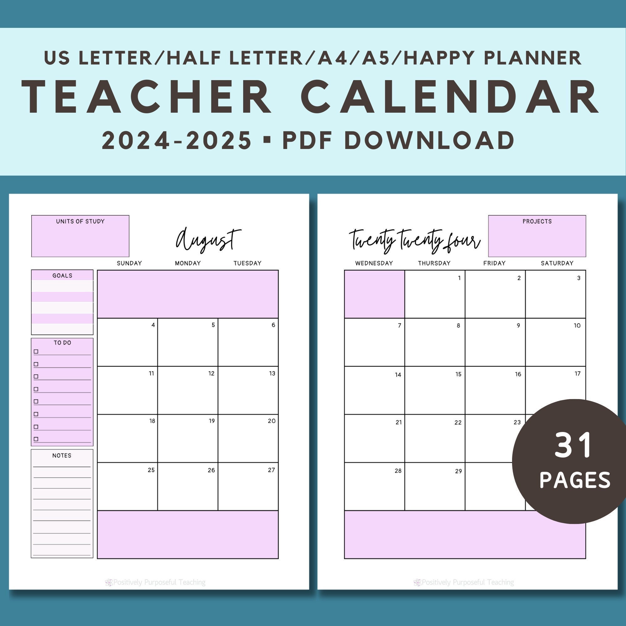 Teacher Calendar Pages 24-25, Printable Teacher Calendar, PDF Teacher ...