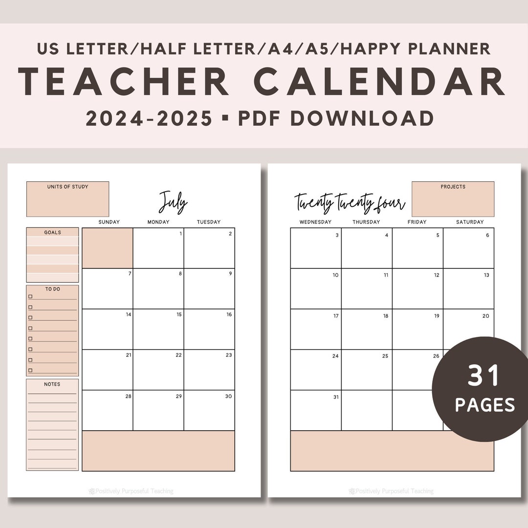 Teacher Calendar 24-25, Printable Teacher Calendar 24-25, PDF Teacher ...