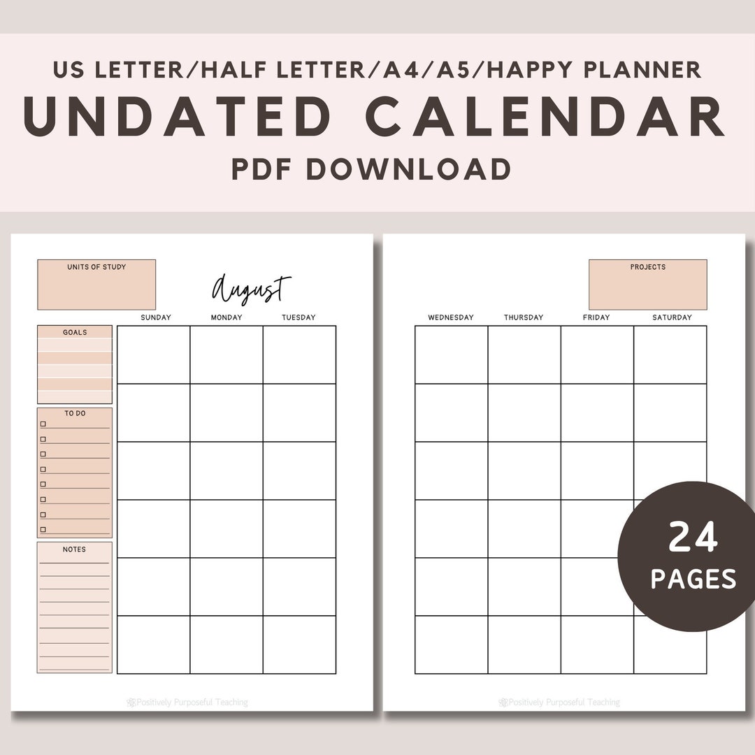 Undated Monthly Calendar, Teacher Undated Calendar, PDF Planner Inserts ...