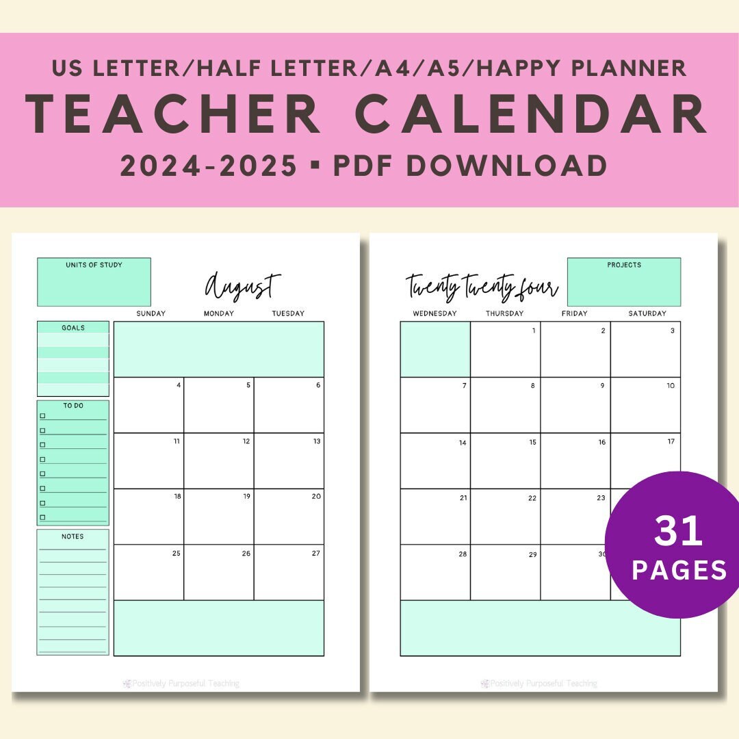 Teacher Calendar 2024-2025, Printable Teacher Calendar, PDF Teacher ...