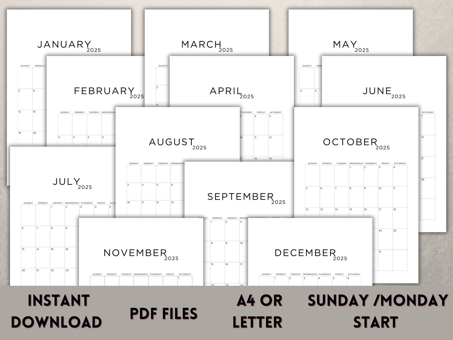 2025 Monthly Calendar Printable, 12 Month Yearly Portrait Organiser ...