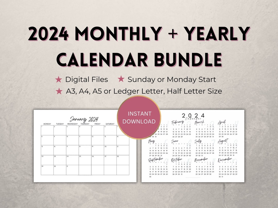 2024 Calendar Printable Black, Minimalist Monthly Planner, Yearly and ...
