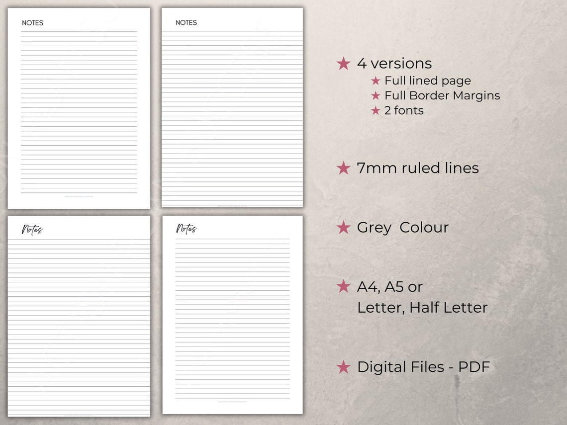 Printable Lined Paper, Digital Download Notes, 7mm Spaced Portrait PDF ...