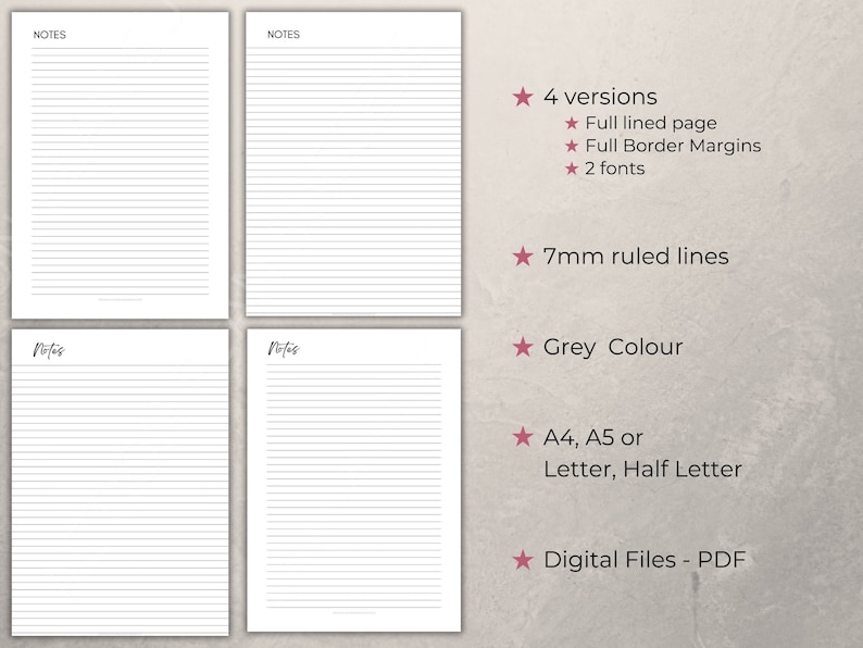 Printable Lined Paper, Digital Download Notes, 7mm Spaced Portrait PDF ...