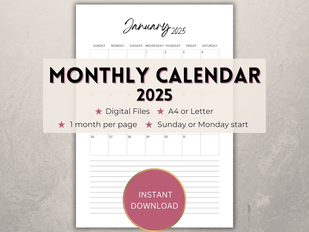 2025 Monthly Calendar Printable With Notes, Stylish Font 12 Month ...