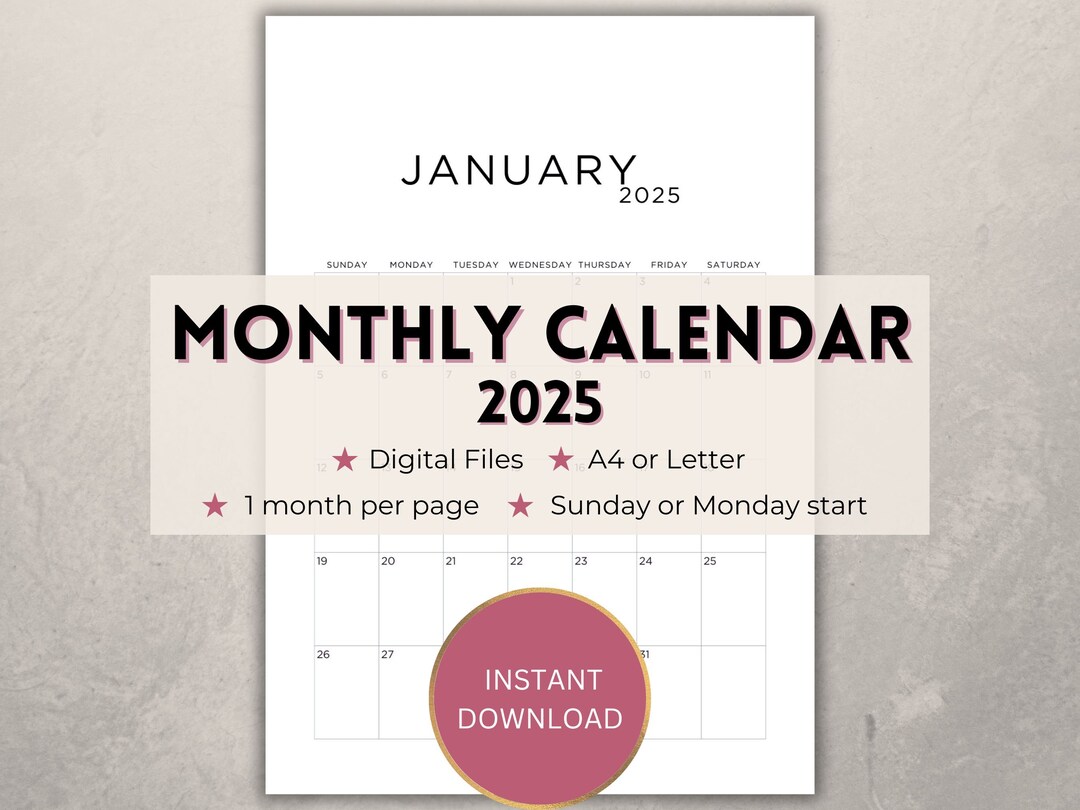 2025 Monthly Calendar Printable, 12 Month Yearly Portrait Organiser ...