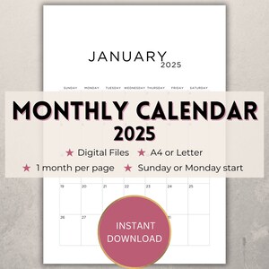 2025 Monthly Calendar Printable, 12 Month Yearly Portrait Organiser ...