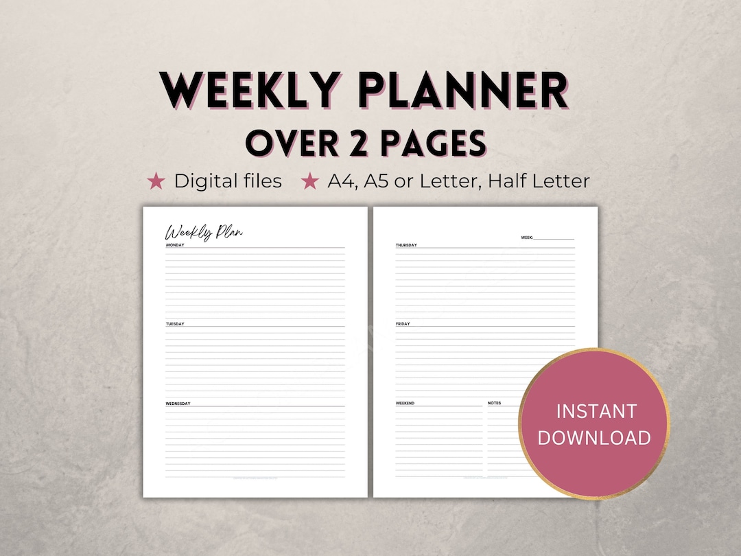 Weekly Planner Digital Download, Two Page Complete Week Organiser Blank ...