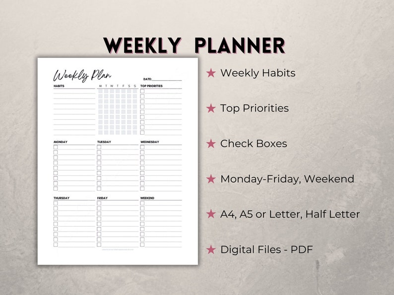 Printable Weekly Planner for Journal, Week at a Glance Organiser ...