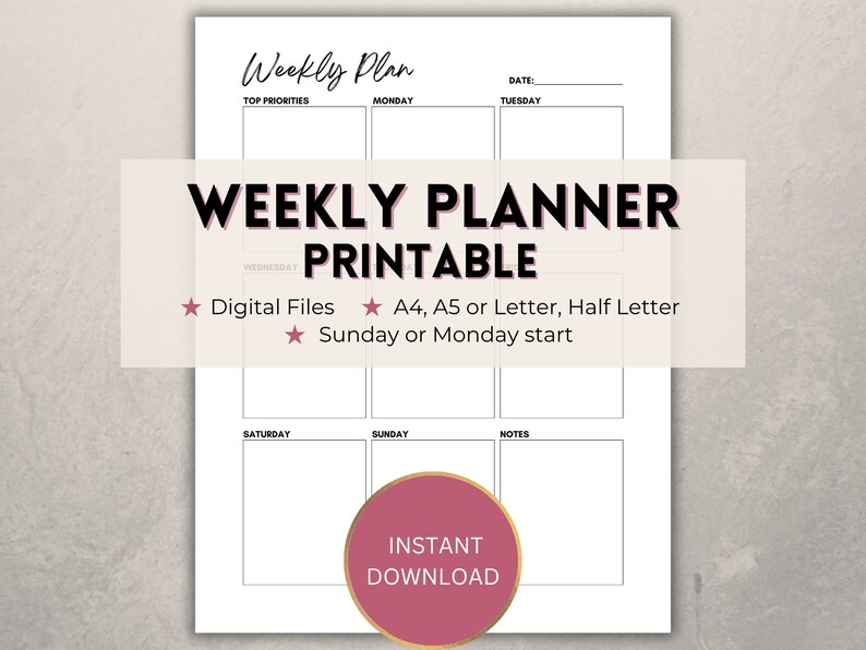 Weekly Planner Printable, Week at a Glance Organiser, Minimalist Agenda ...