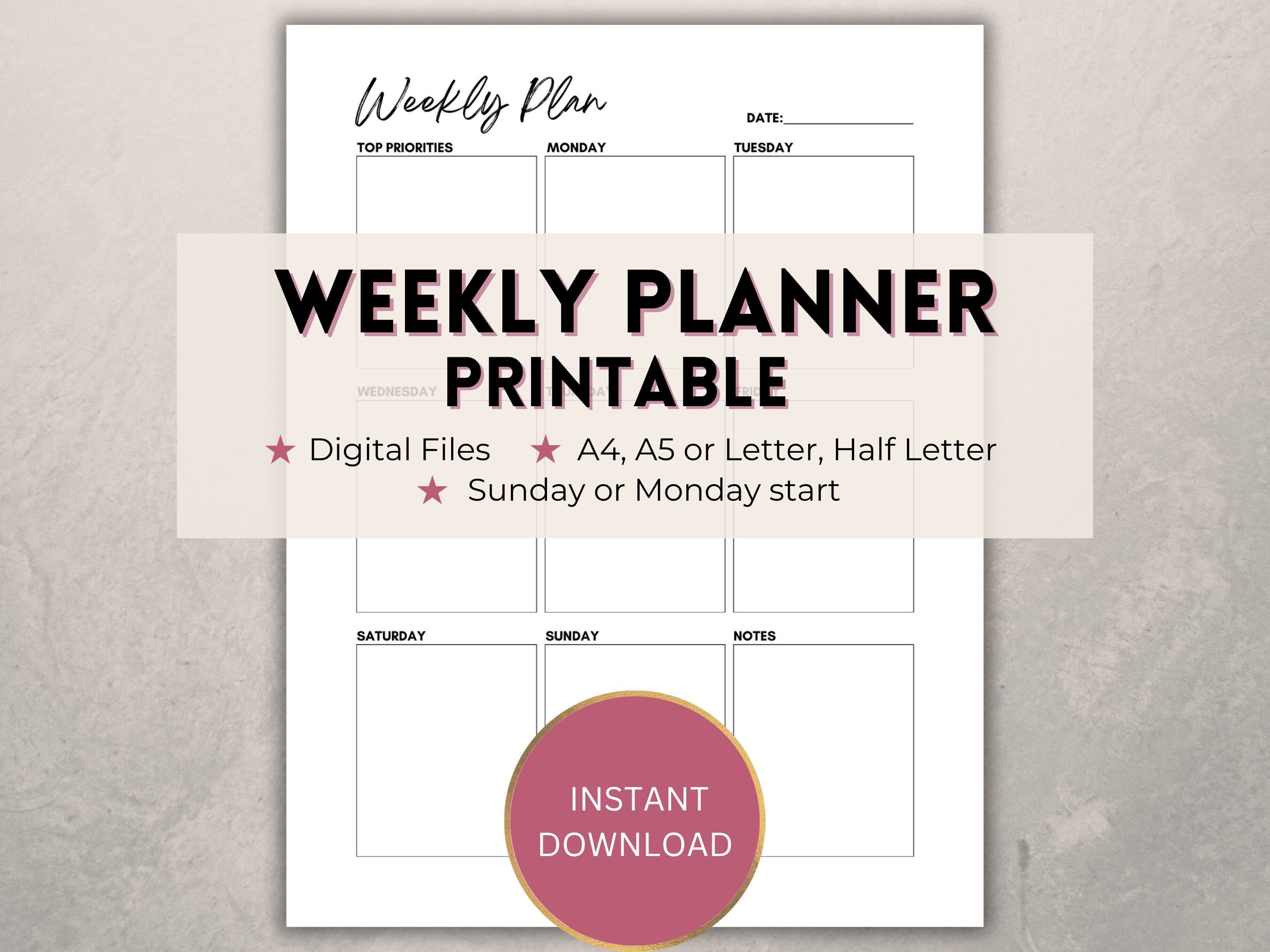 Weekly Planner Printable, Week at a Glance Organiser, Minimalist Agenda ...