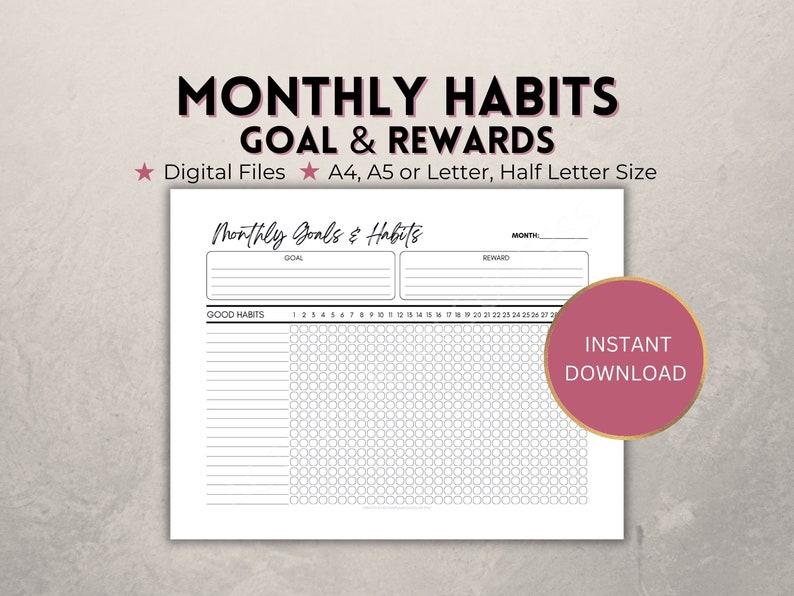 Printable Monthly Habit Tracker for Success, Reach Goals & Reward ...