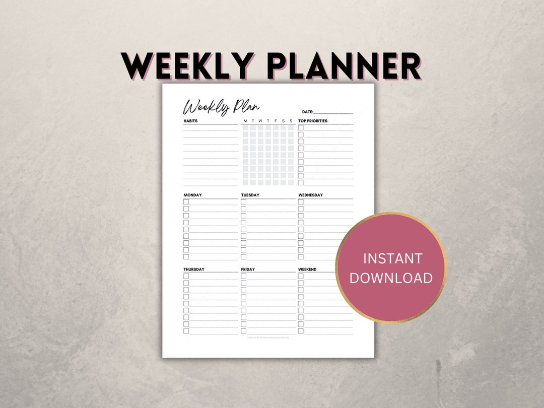 Printable Weekly Planner for Journal, Week at a Glance Organiser ...