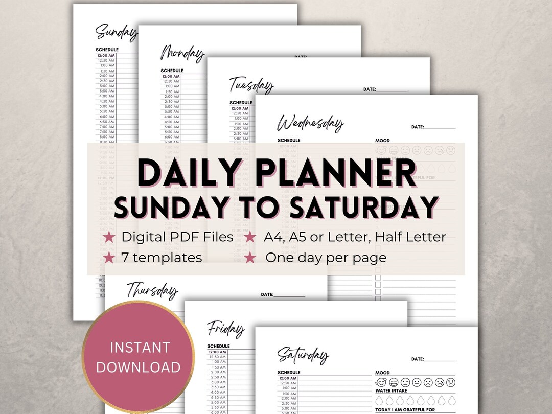 Printable 7 Day Plan Template, Daily Overview Sunday to Saturday ...