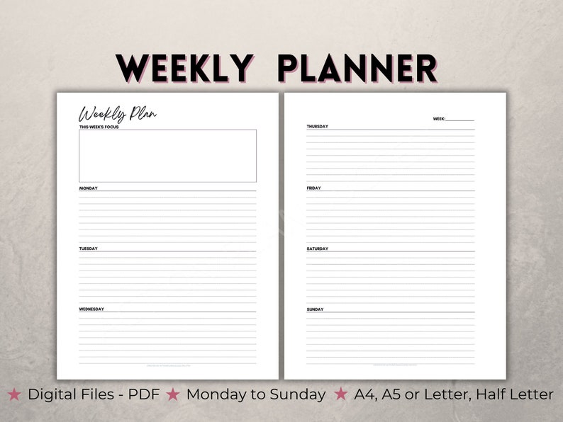 Weekly Planner Digital Download, Two Page Complete Week Organiser Blank ...