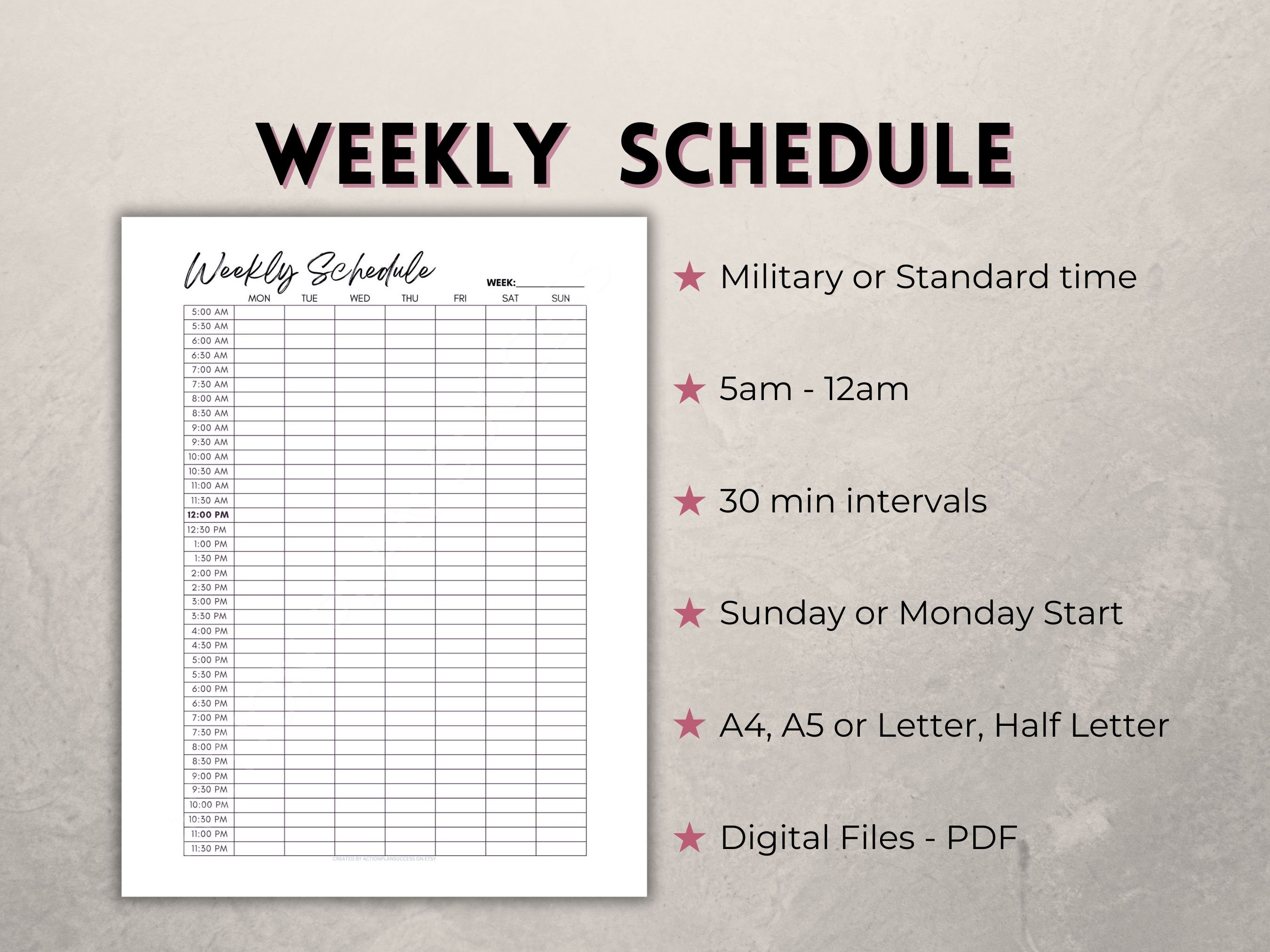 Printable Weekly Schedule 30min Interval, Digital Week at a Glance ...
