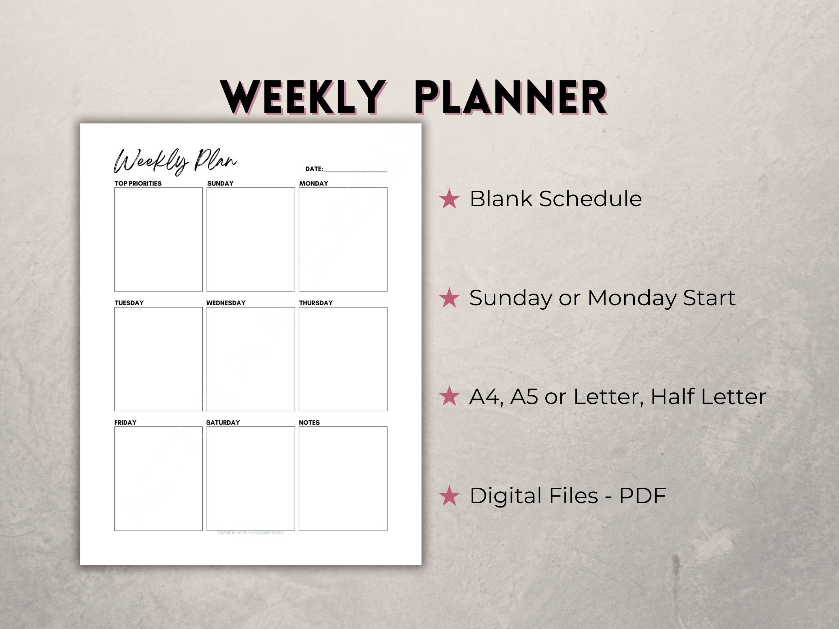 Weekly Planner Printable, Week at a Glance Organiser, Minimalist Agenda ...