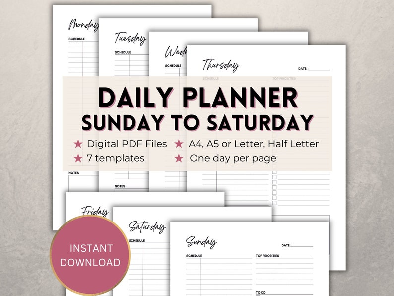 Daily Planner Printable, 7 Days a Week Sun-sat, Blank Schedule, Diary ...