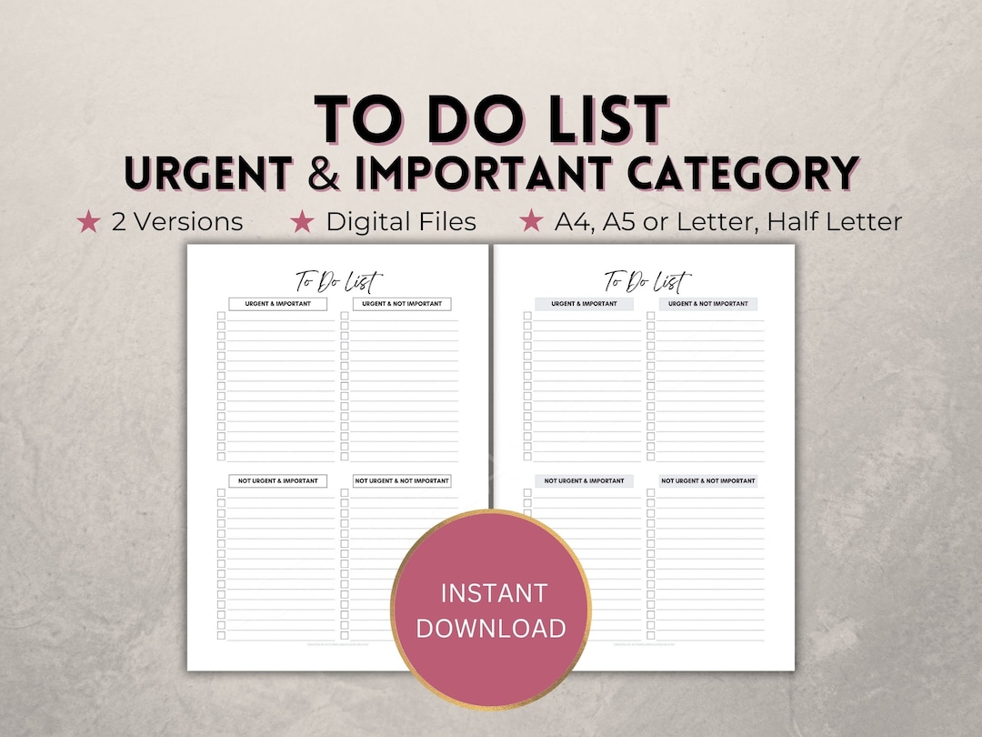 To Do List Printable, Eisenhower Matrix, Priority Urgent Important Task List Template, Portrait ...