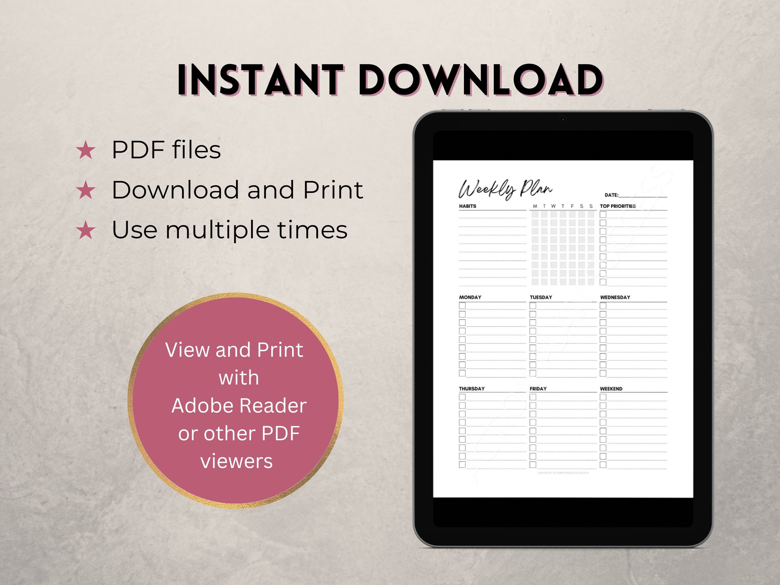 Printable Weekly Planner for Journal, Week at a Glance Organiser ...
