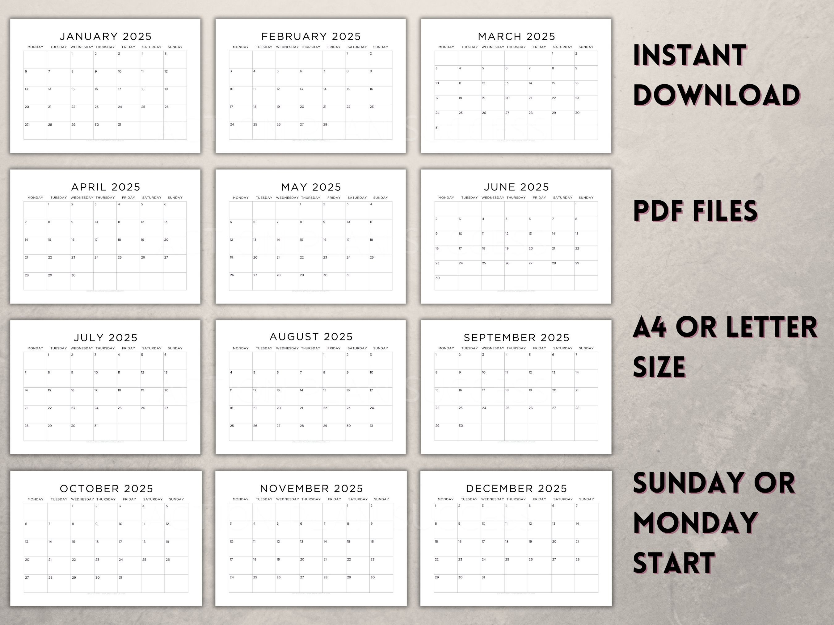 2025 Printable Calendar, 12 Monthly Wall Organiser Download, Landscape ...