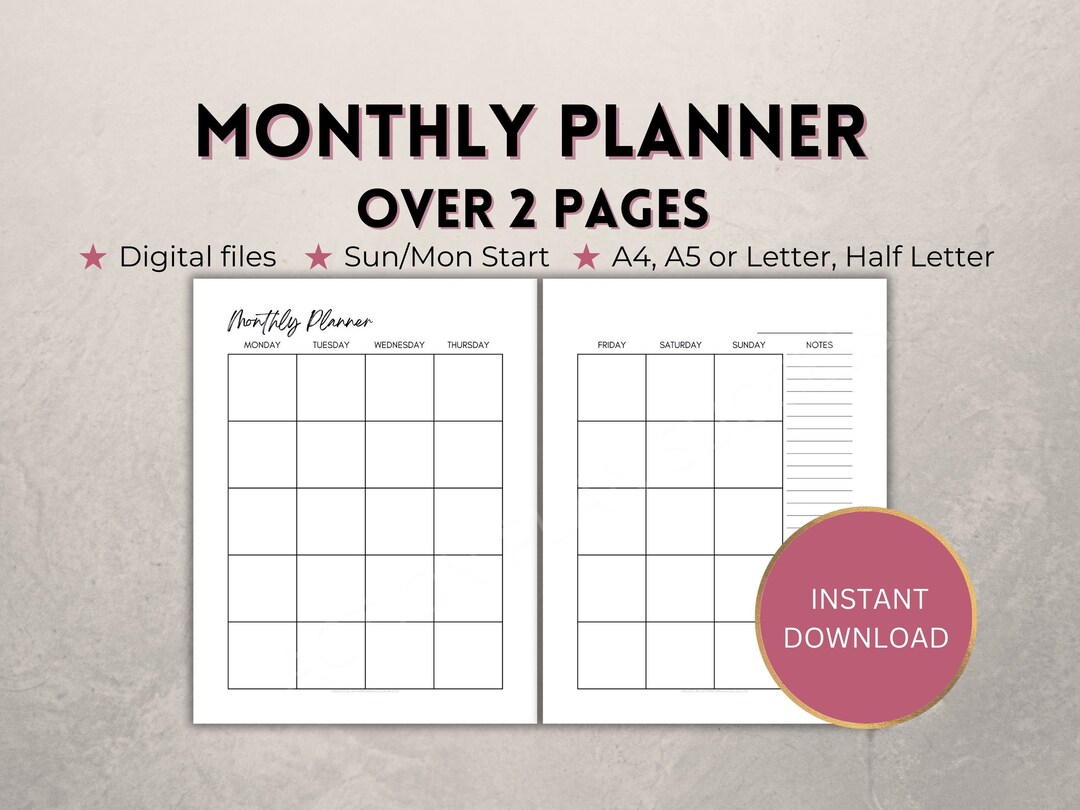 Blank Monthly Planner Over Two Pages, Undated Calendar With Notes ...