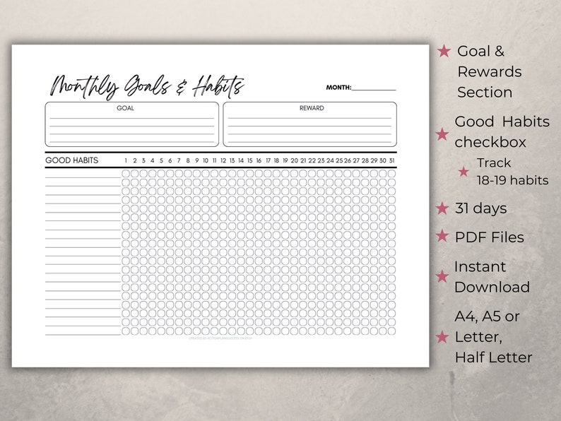 Printable Monthly Habit Tracker for Success, Reach Goals & Reward ...