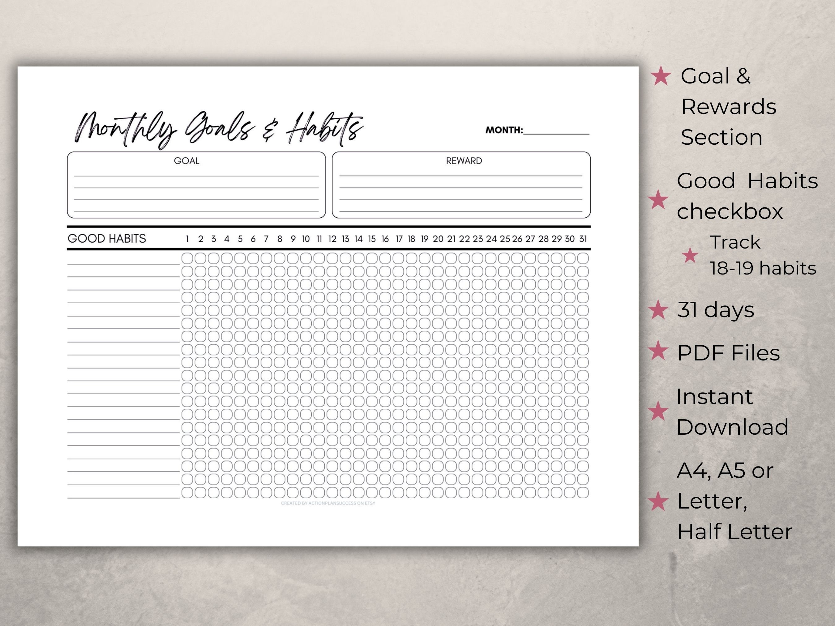 Printable Monthly Habit Tracker for Success, Reach Goals & Reward ...