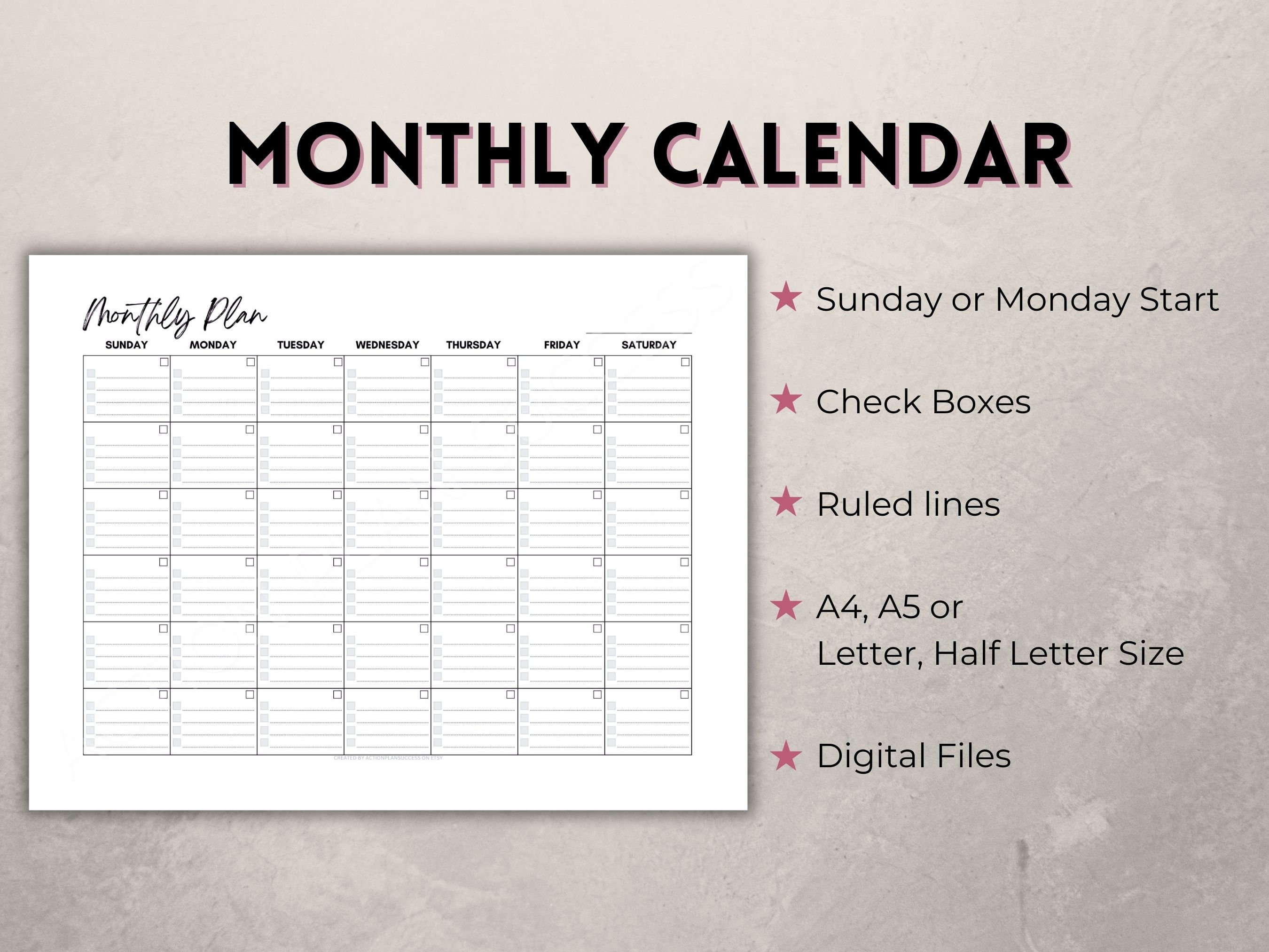 Monthly Planner Printable Landscape, Undated Month Organiser, Sunday ...