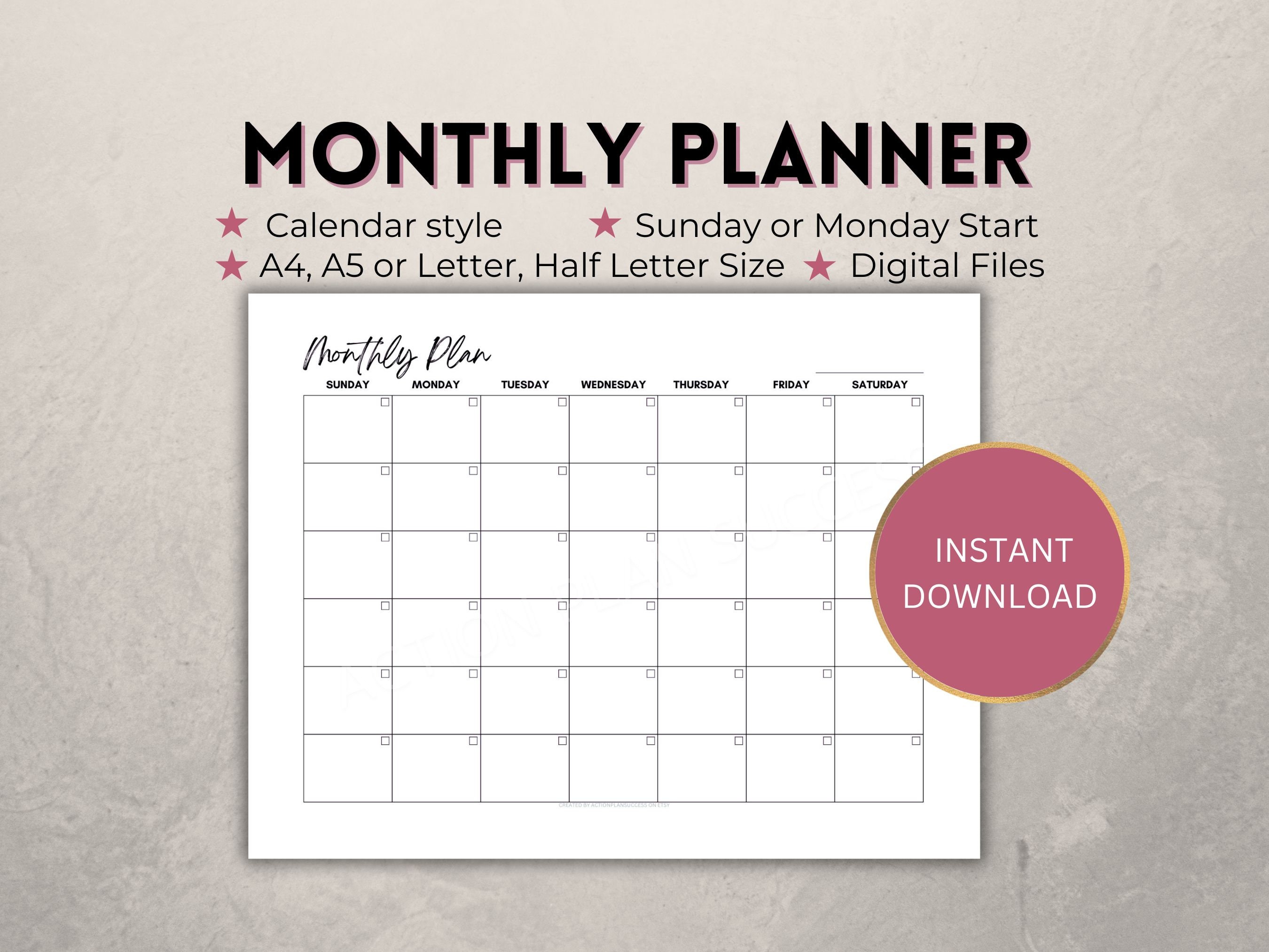 Monthly Blank Planner Printable, Landscape Undated Calendar Style ...
