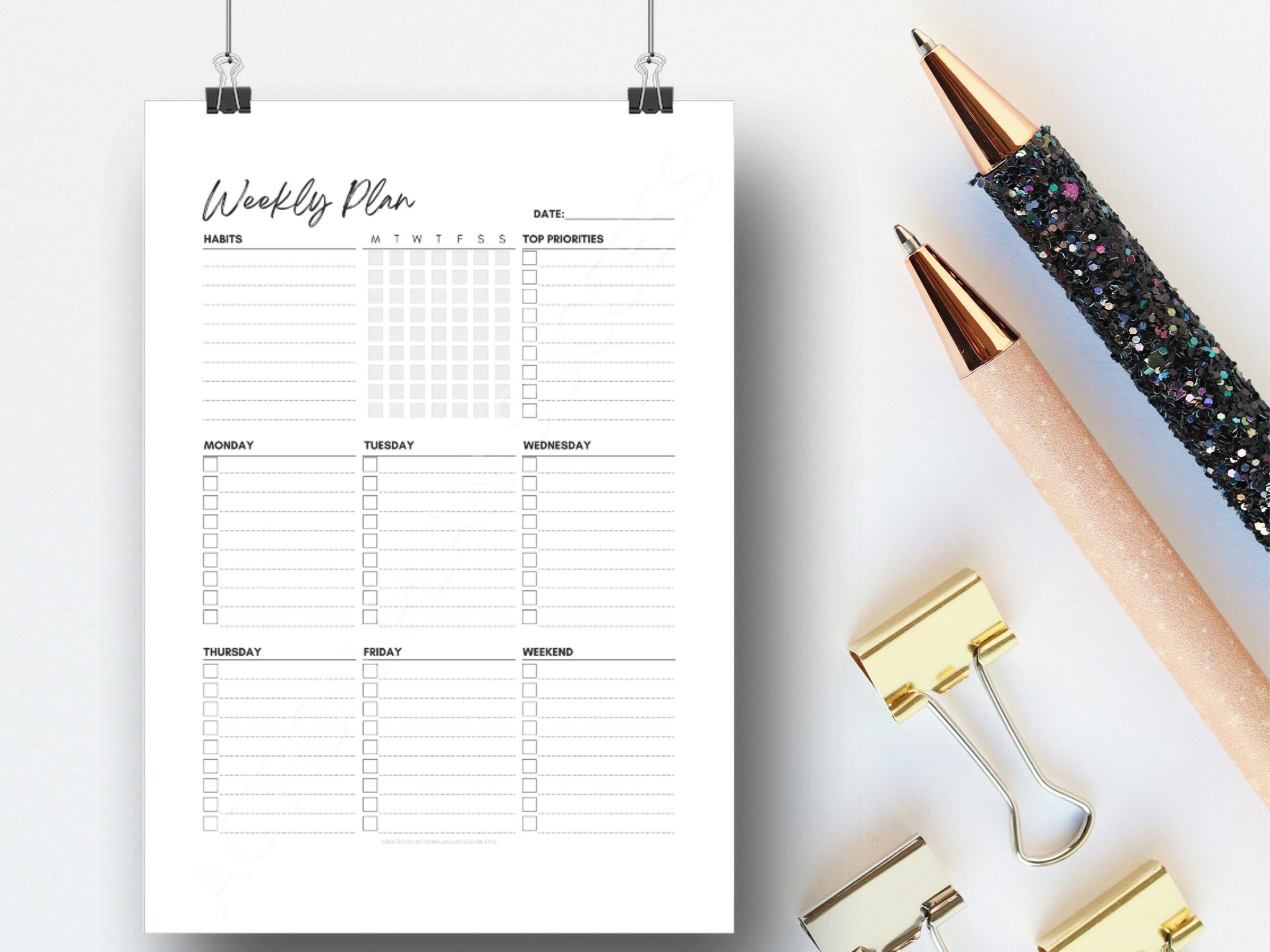 Printable Weekly Planner for Journal, Week at a Glance Organiser ...