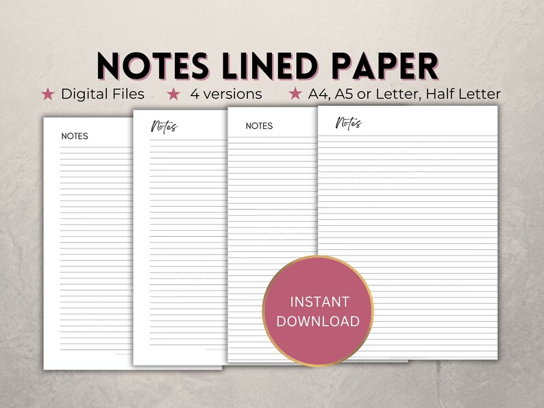 Printable Lined Paper, Digital Download Notes, 7mm Spaced Portrait PDF ...