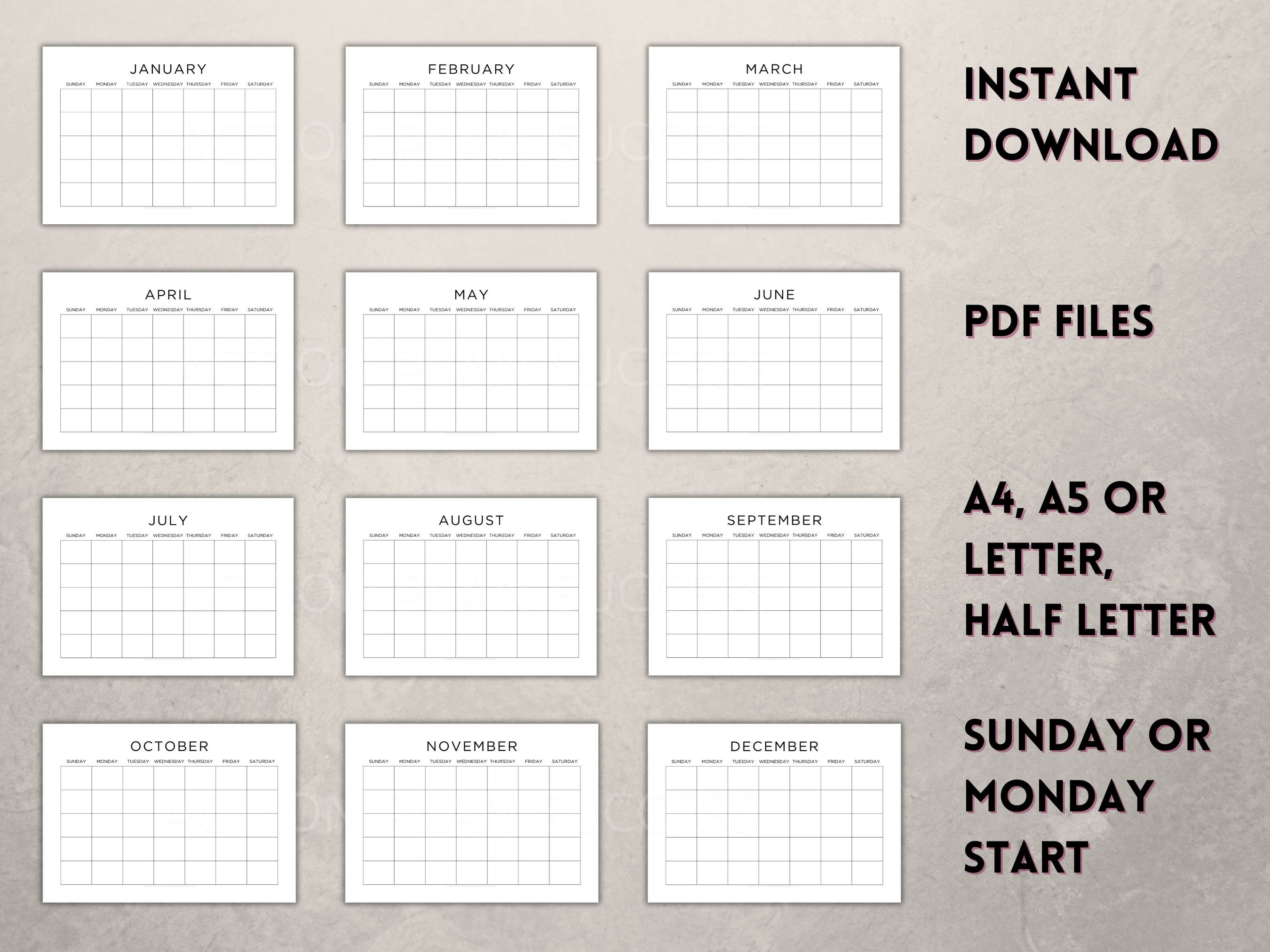 Printable Monthly Blank Calendar, Landscape Instant Download, 12 Months ...