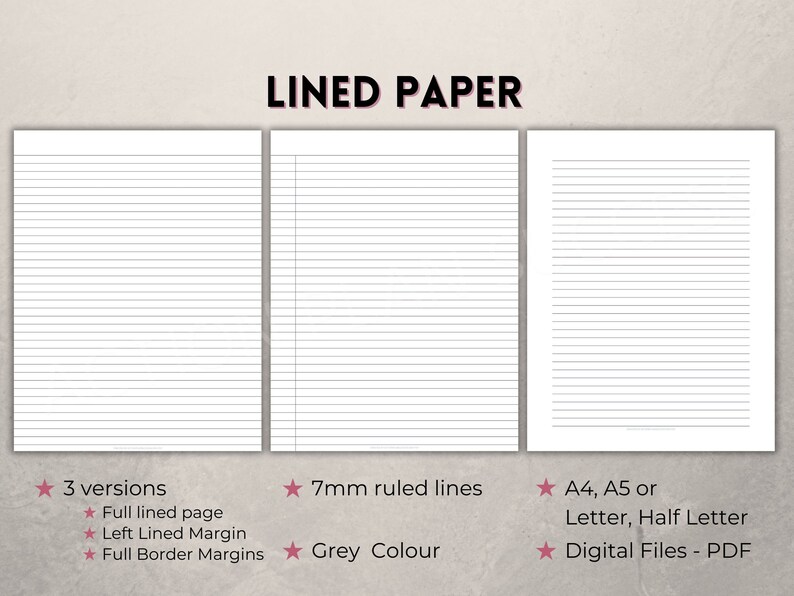 Printable Lined Paper, Digital Download Notes, 7mm Spaced Portrait PDF ...