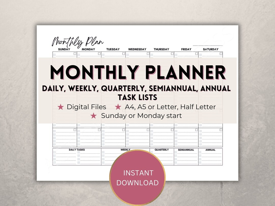 Monthly Planner Printable, Undated Month Calendar, Sunday Monday Start ...