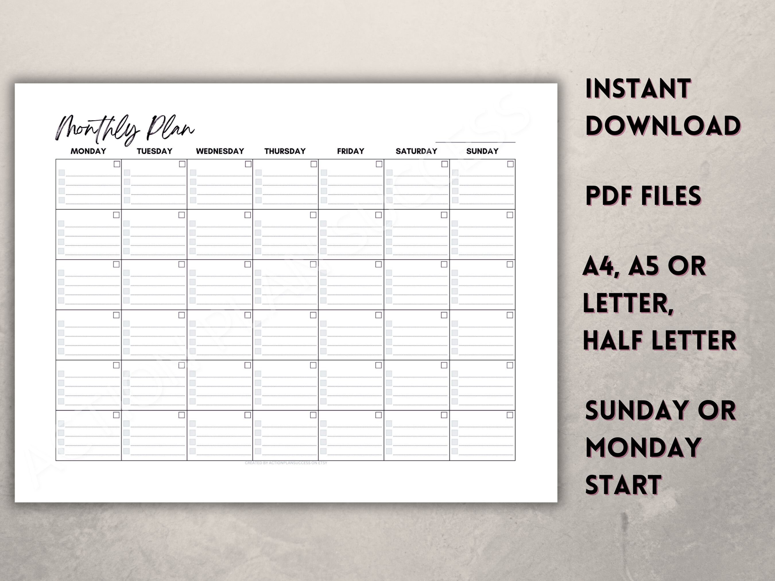 Monthly Planner Printable Landscape, Undated Month Organiser, Sunday ...