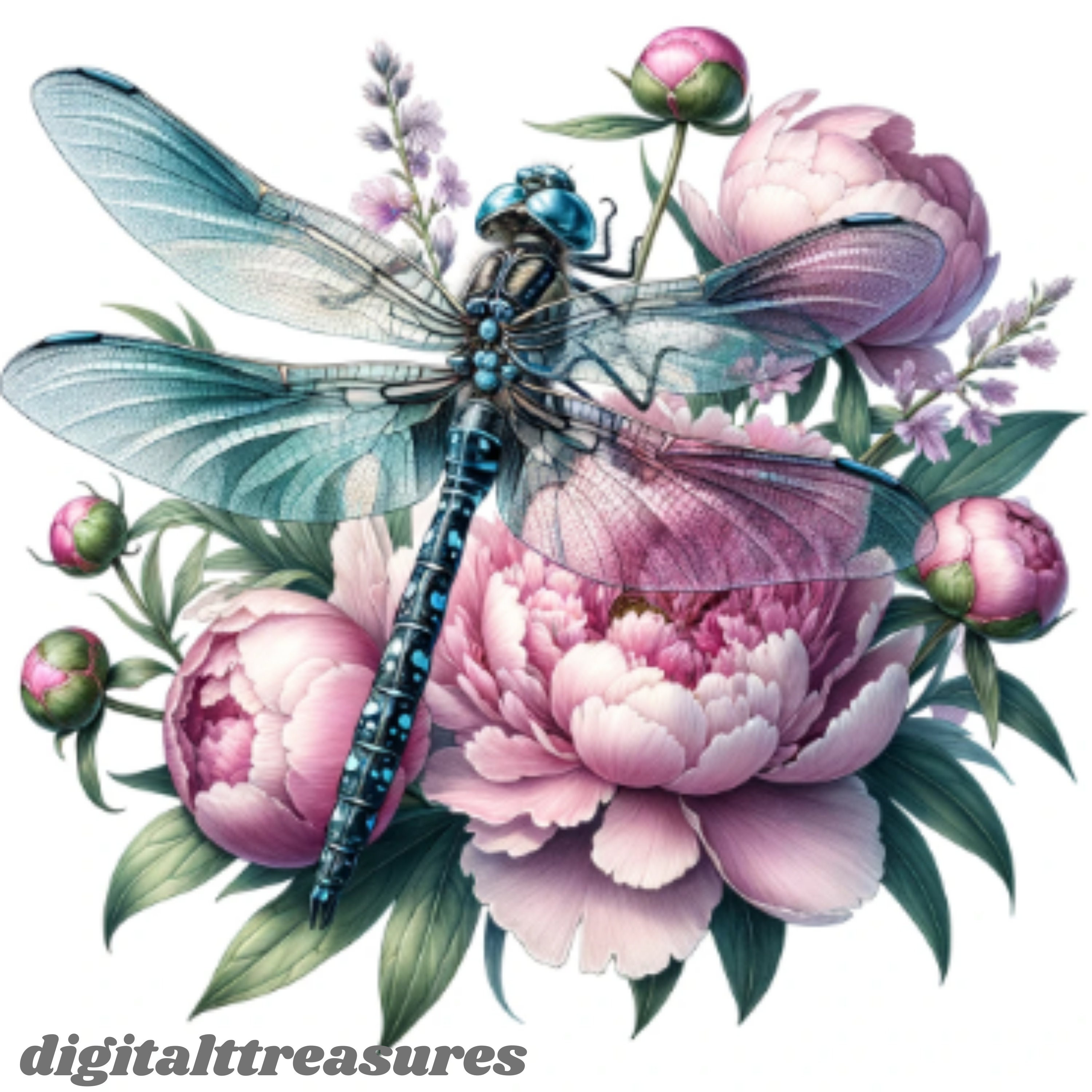 Whimsical Wings:30jpg Piece Dragonfly & Floral Watercolor Clipart ...