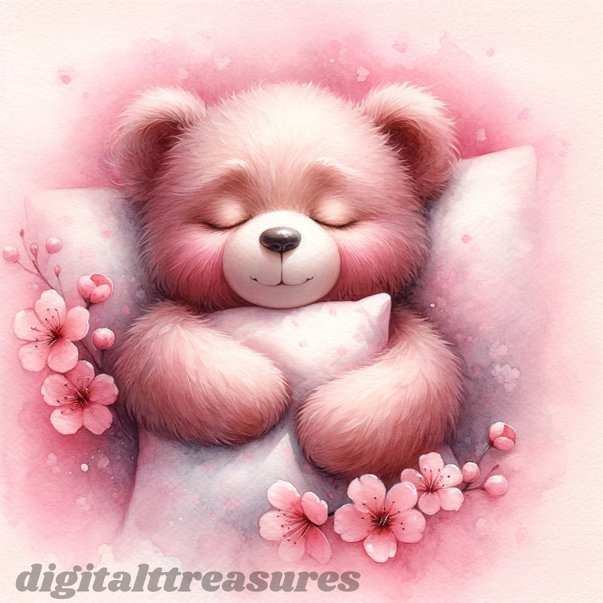 Watercolor Pink Sleepy Teddy Bear Clipart Bundle: 12 Adorable Baby Bear ...