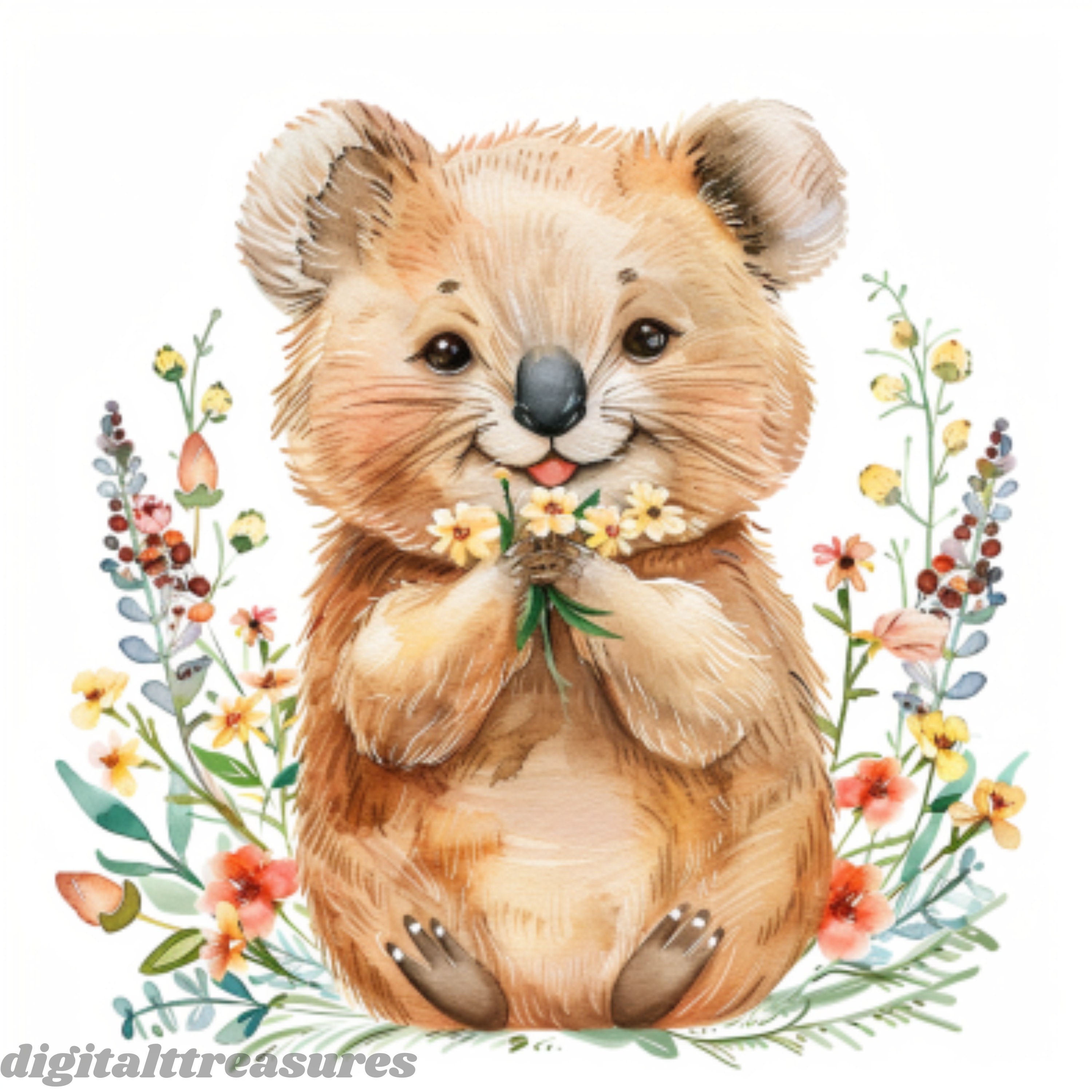 Floral Whimsy: Watercolor Cute Quokka Clipart Tender Floral Quokka JPG ...
