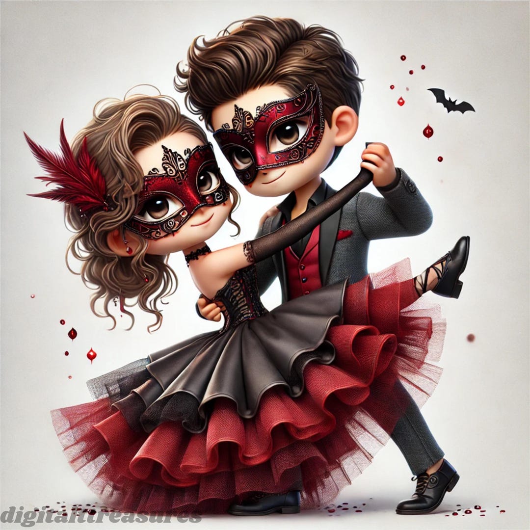 Chibi Masquerade Couple Clipart: Pastel Teal & Lavender (digital ...