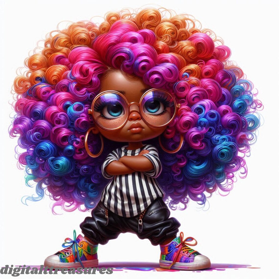 Bold Rainbow Vibes: 16 Afro-american Chibi Girl With Vibrant Hair ...