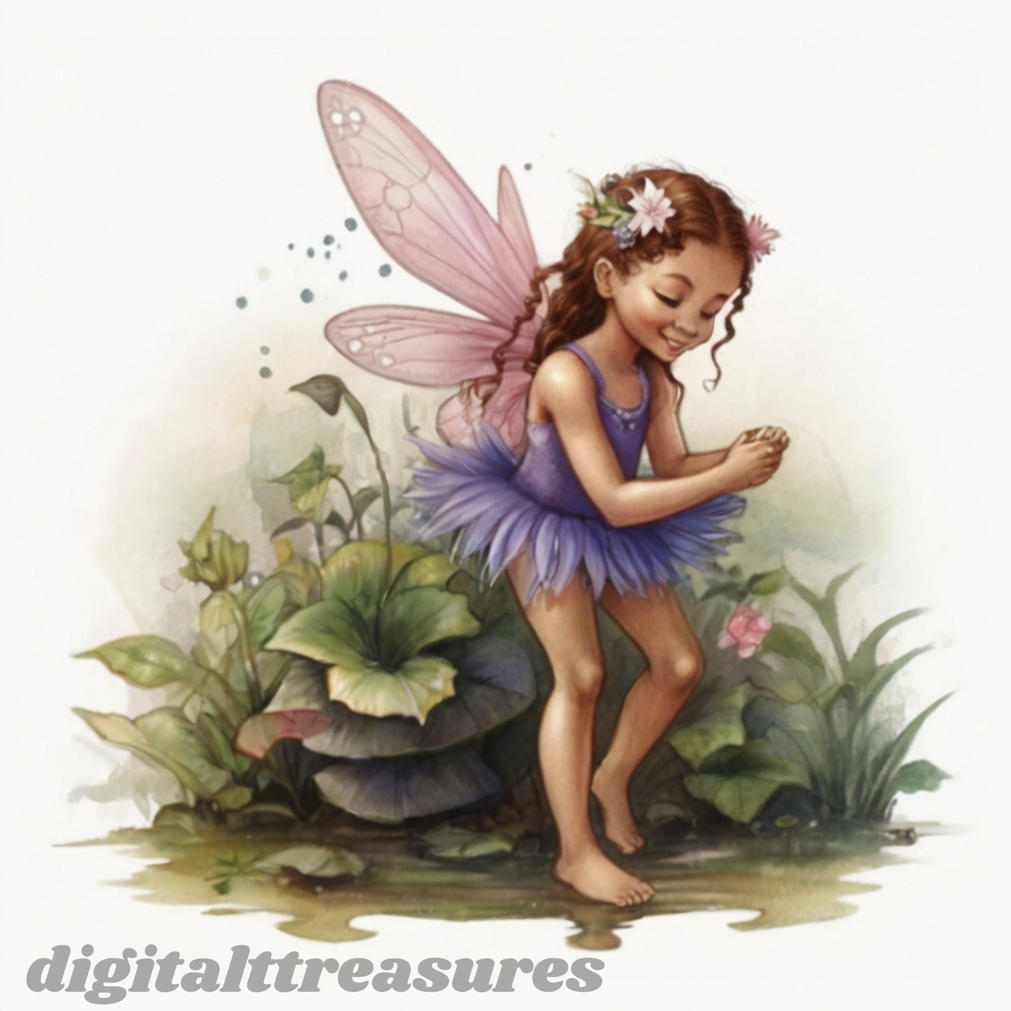 Enchanted Afro-american Fairy Garden: 15 Watercolor JPG Clipart Bundle ...