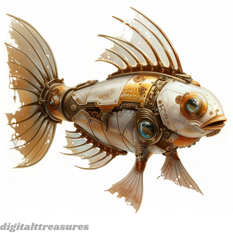 15 JPG Steampunk Fish Clipart Undersea Watercolor Illustrations & Cute ...