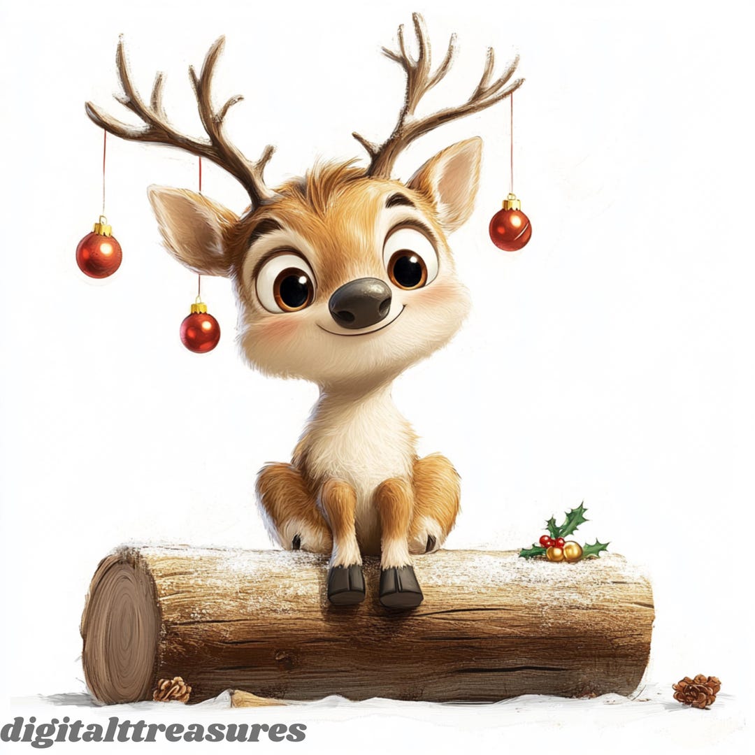 Festive Whimsy: 18 Cute Reindeer With Christmas Ornaments on Snowy Log ...