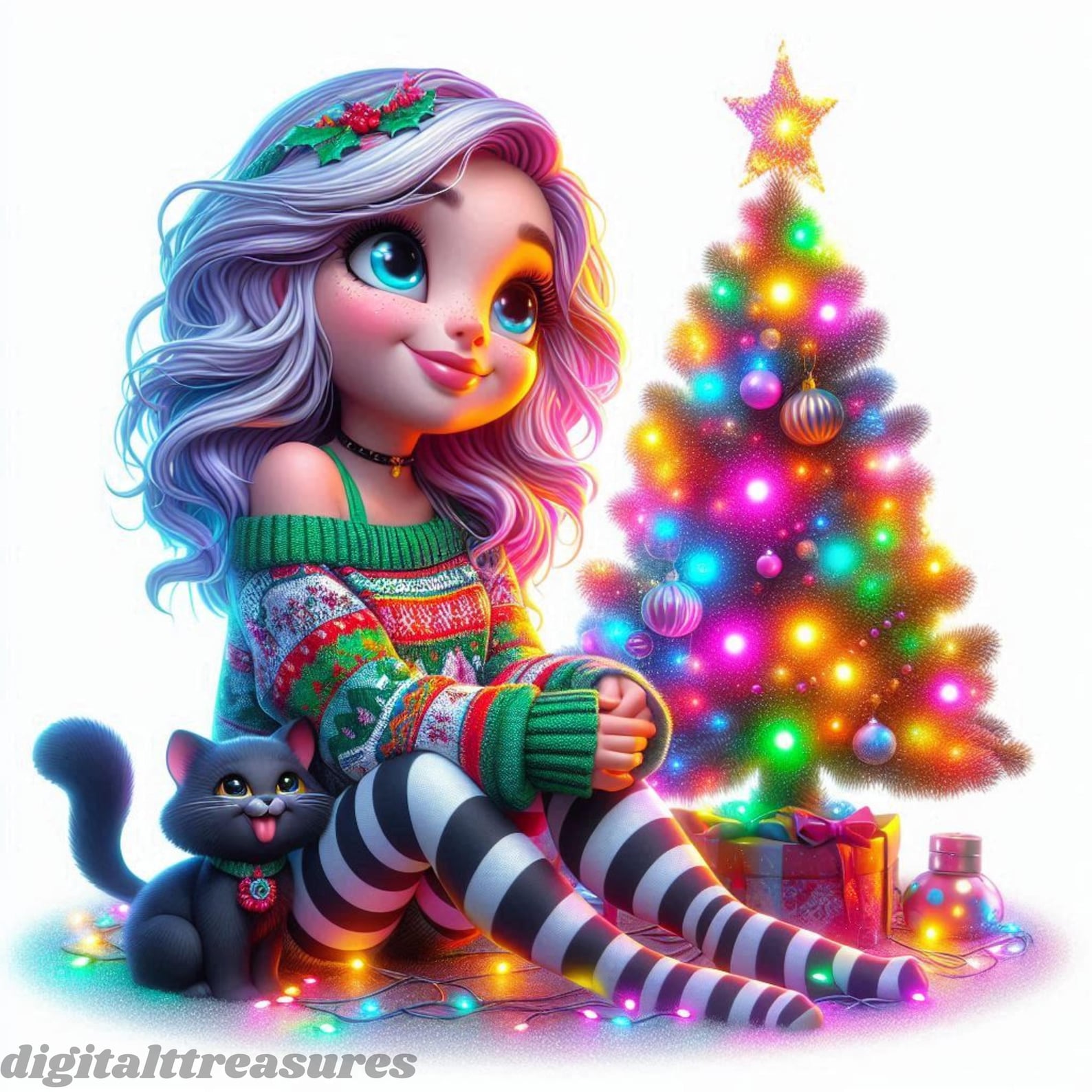 Christmas Joy: 12 Adorable Chibi Christmas Girl With Cat Clipart Bundle ...