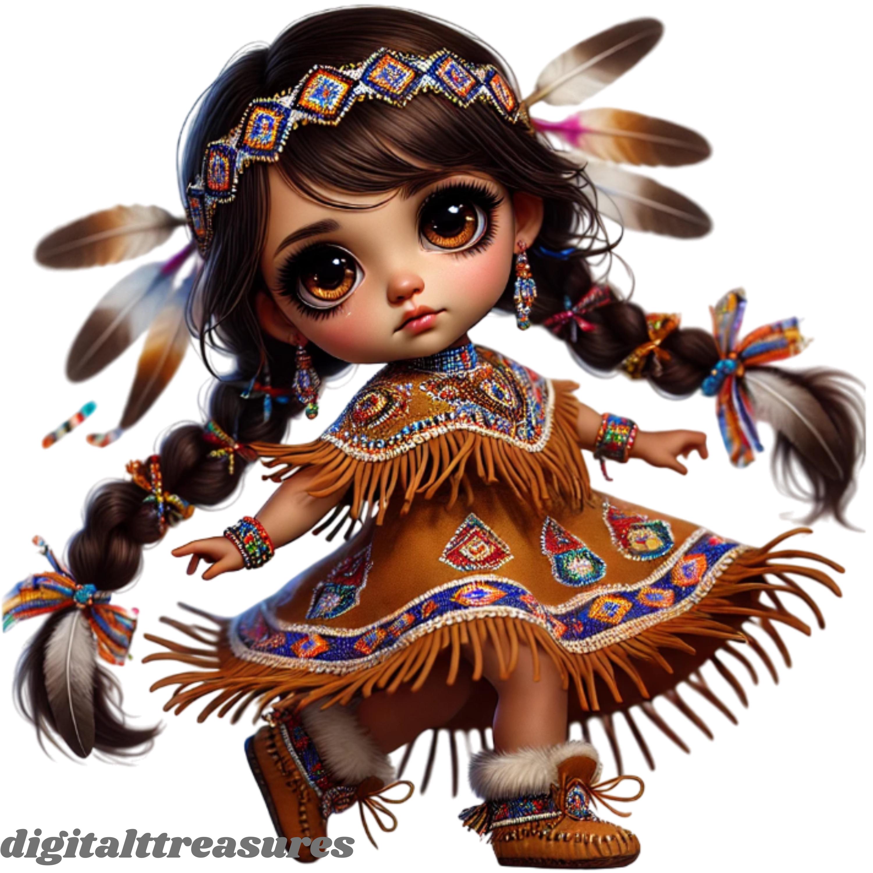 Native American Chibi Girl Illustration: Powwow Buckskin Dress (digital ...
