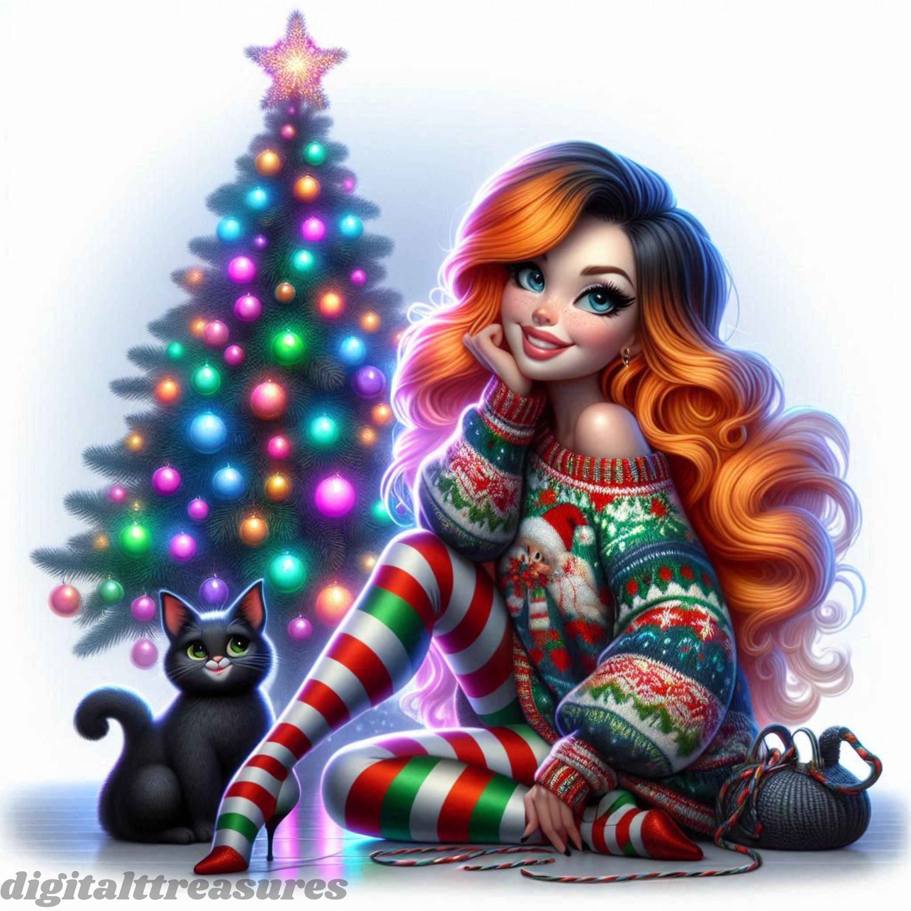 Christmas Joy: 12 Adorable Chibi Christmas Girl With Cat Clipart Bundle ...