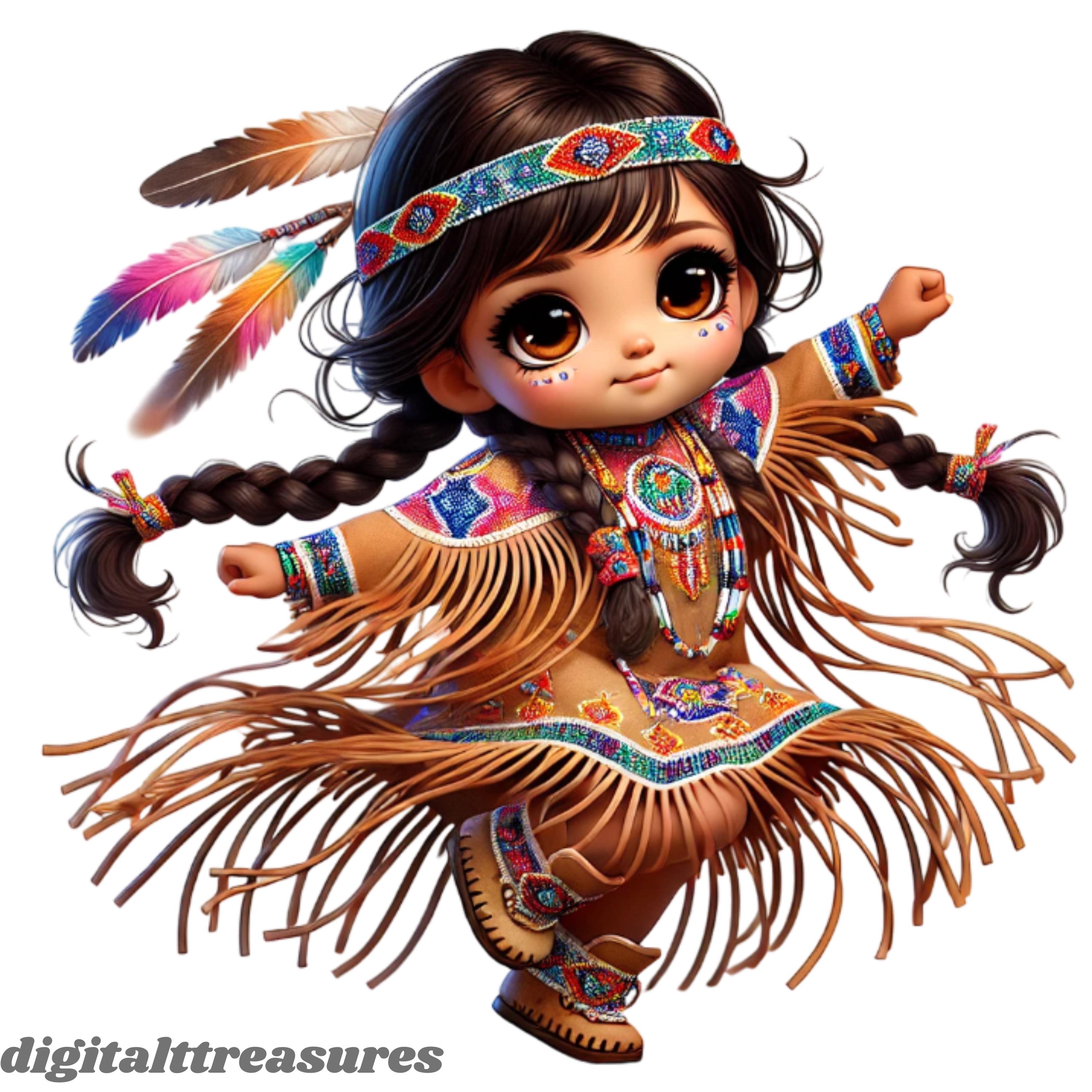 Native American Chibi Girl Illustration: Powwow Buckskin Dress (digital ...